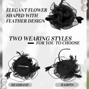 Bonuci 4 Pcs 50s Fascinator Hat for Women Black Funeral Veil Hat Tea Party Headpiece Lace Glove Pearl Necklace Earring(Elegant Style)