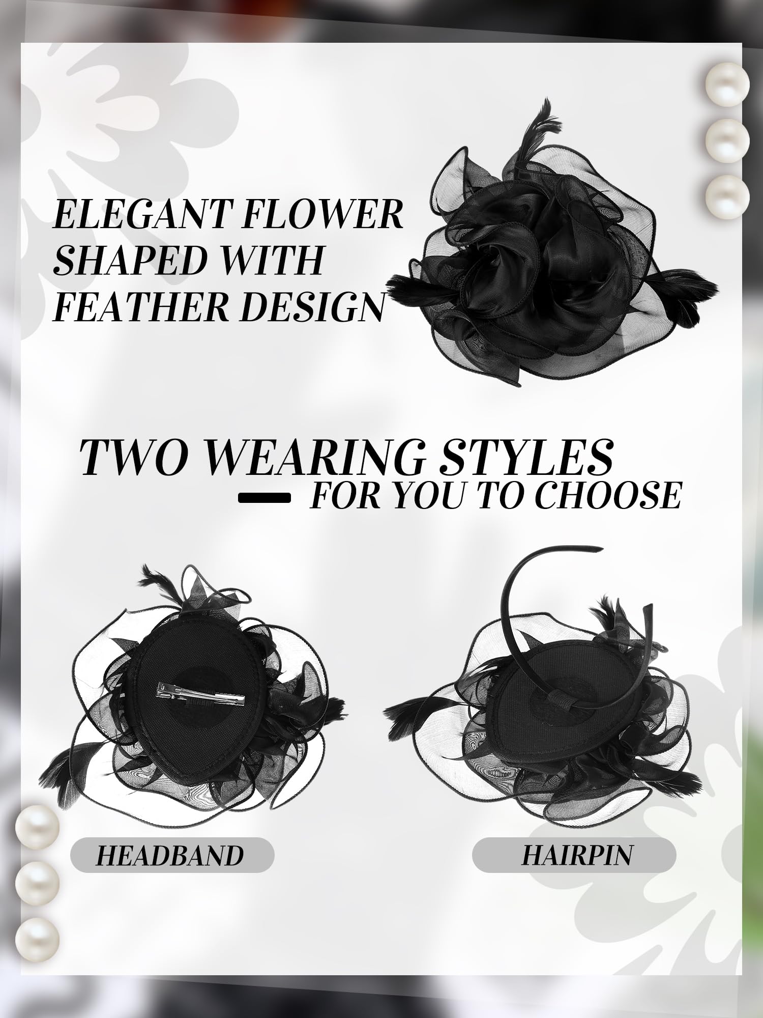 Bonuci 4 Pcs 50s Fascinator Hat for Women Black Funeral Veil Hat Tea Party Headpiece Lace Glove Pearl Necklace Earring(Elegant Style)