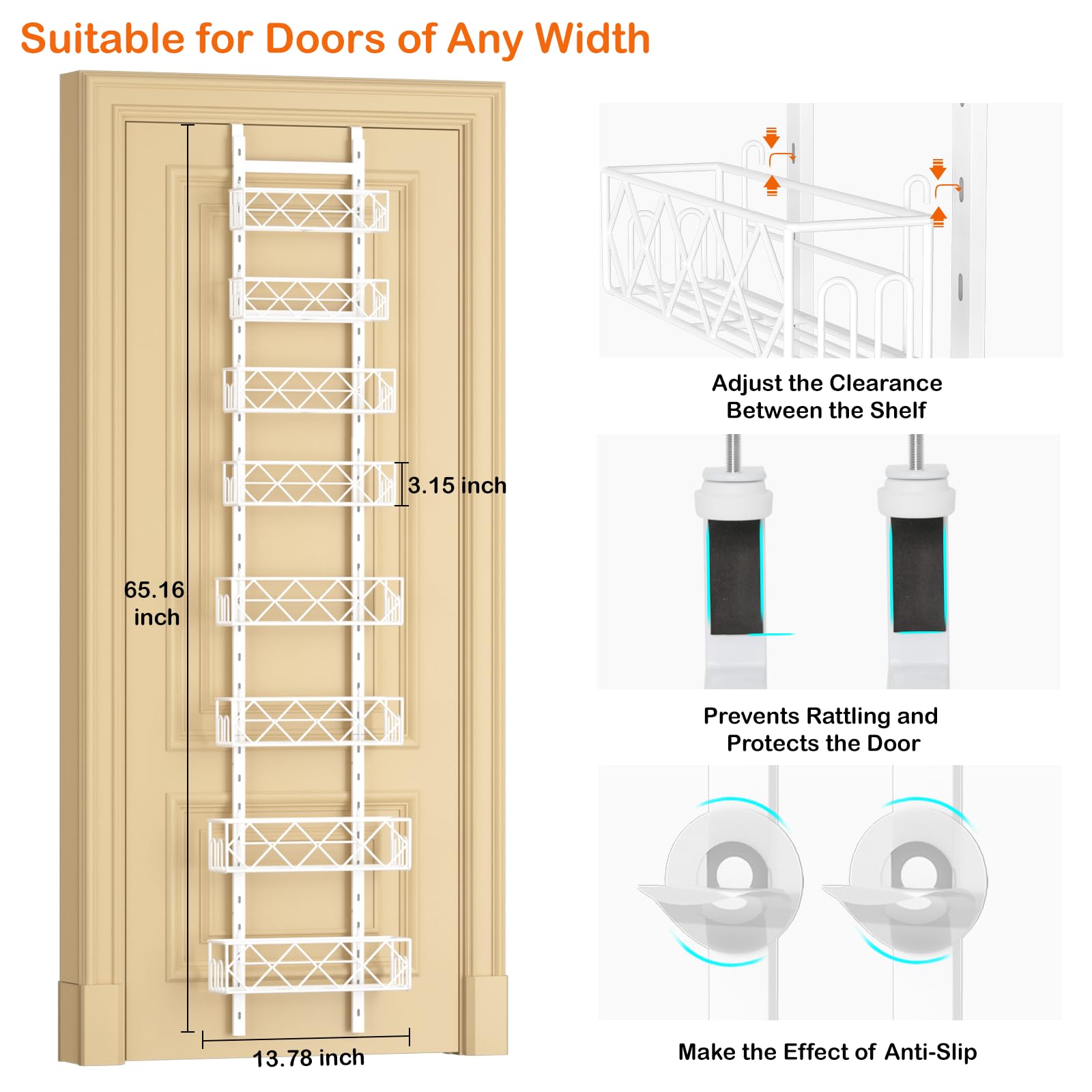 Over the Door Pantry Organizer 8-Tier Adjustable Baskets Hanging Spice Door Rack Narrow - 13.78" W x 65.16" H Behind the Door Storage for Kitchen, Bathroom, and Closet Organization-White