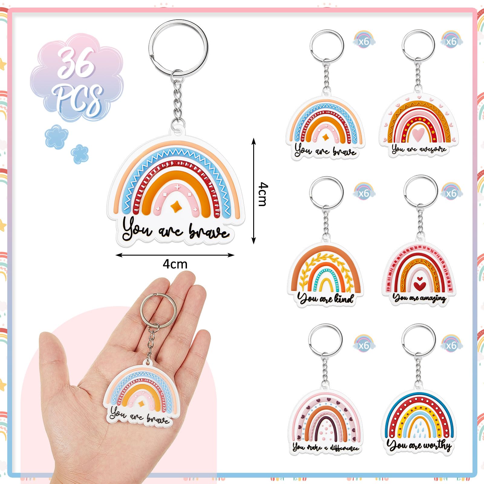 Ecally 36 Pcs Rainbow Inspirational Gift for Women Inspirational Keychain Motivational Quote Keychain CNA Gifts Employee Appreciation Gift