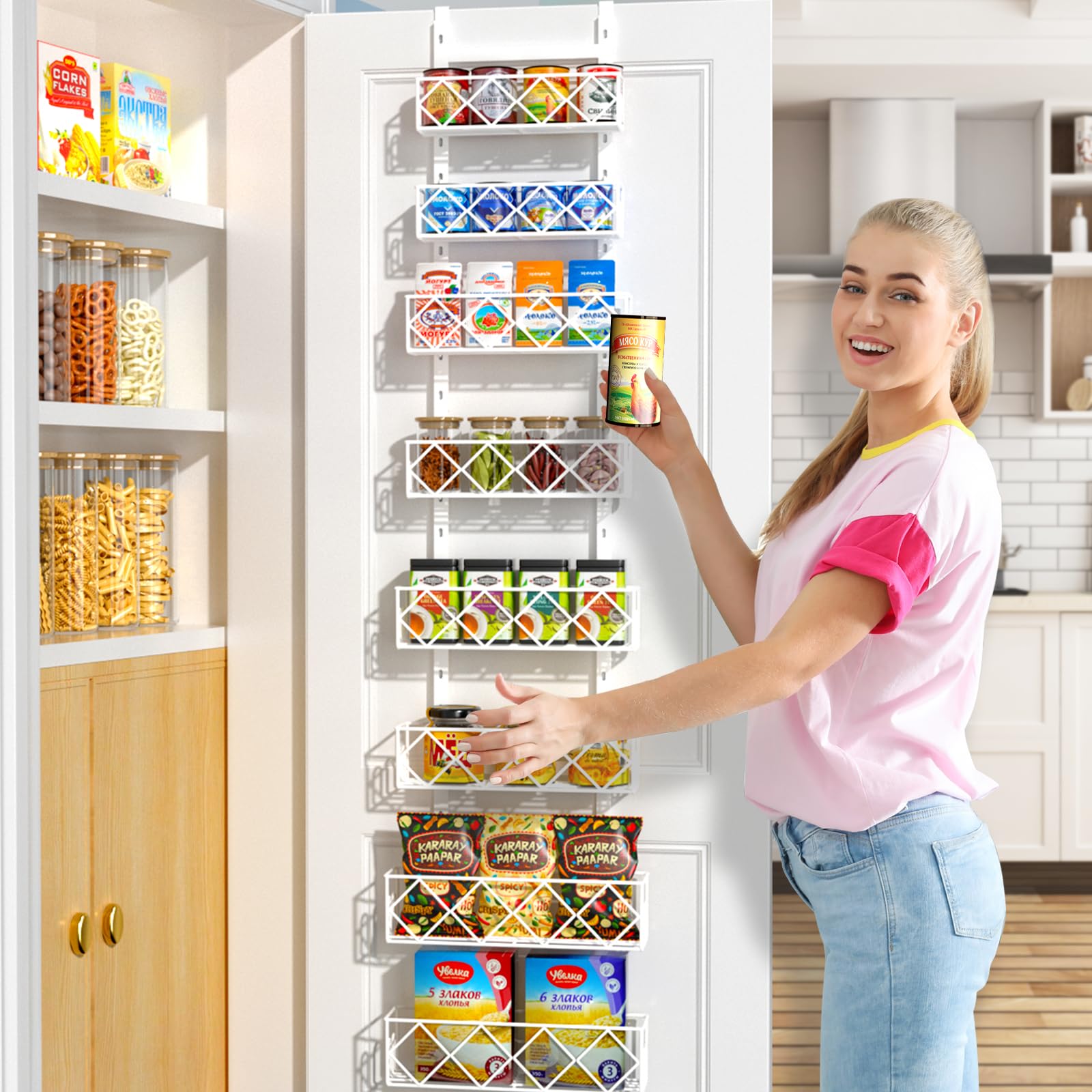 Over the Door Pantry Organizer 8-Tier Adjustable Baskets Hanging Spice Door Rack Narrow - 13.78" W x 65.16" H Behind the Door Storage for Kitchen, Bathroom, and Closet Organization-White