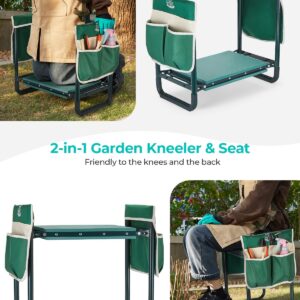 DEERFAMY Garden Stool 10.2" Width, Garden Kneeler and Seat Load Cap 350 lbs, Heavy Duty Gardening Stool with Extra Kneeling Pad, 2 Tool Pouches, Claw Gloves, Gift for Women Seniors, Green