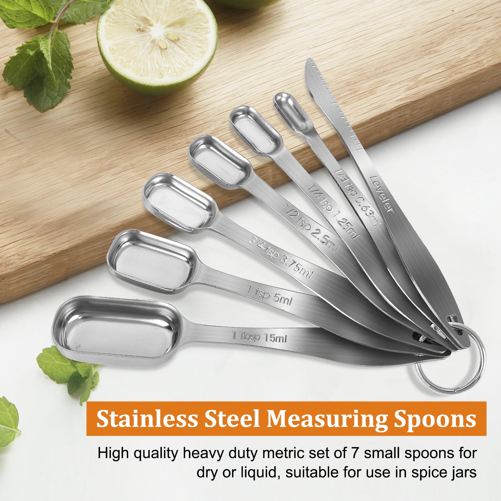 Stainless Steel Measuring Spoons, Premium Heavy Duty Metric Small Tablespoon 7-piece set：1/8 tsp, 1/4 tsp, 1/2 tsp, 3/4 tsp, 1 tsp & 1 tbsp-for Dry or Liquid, Fits in Spice Jar, Including Leveler