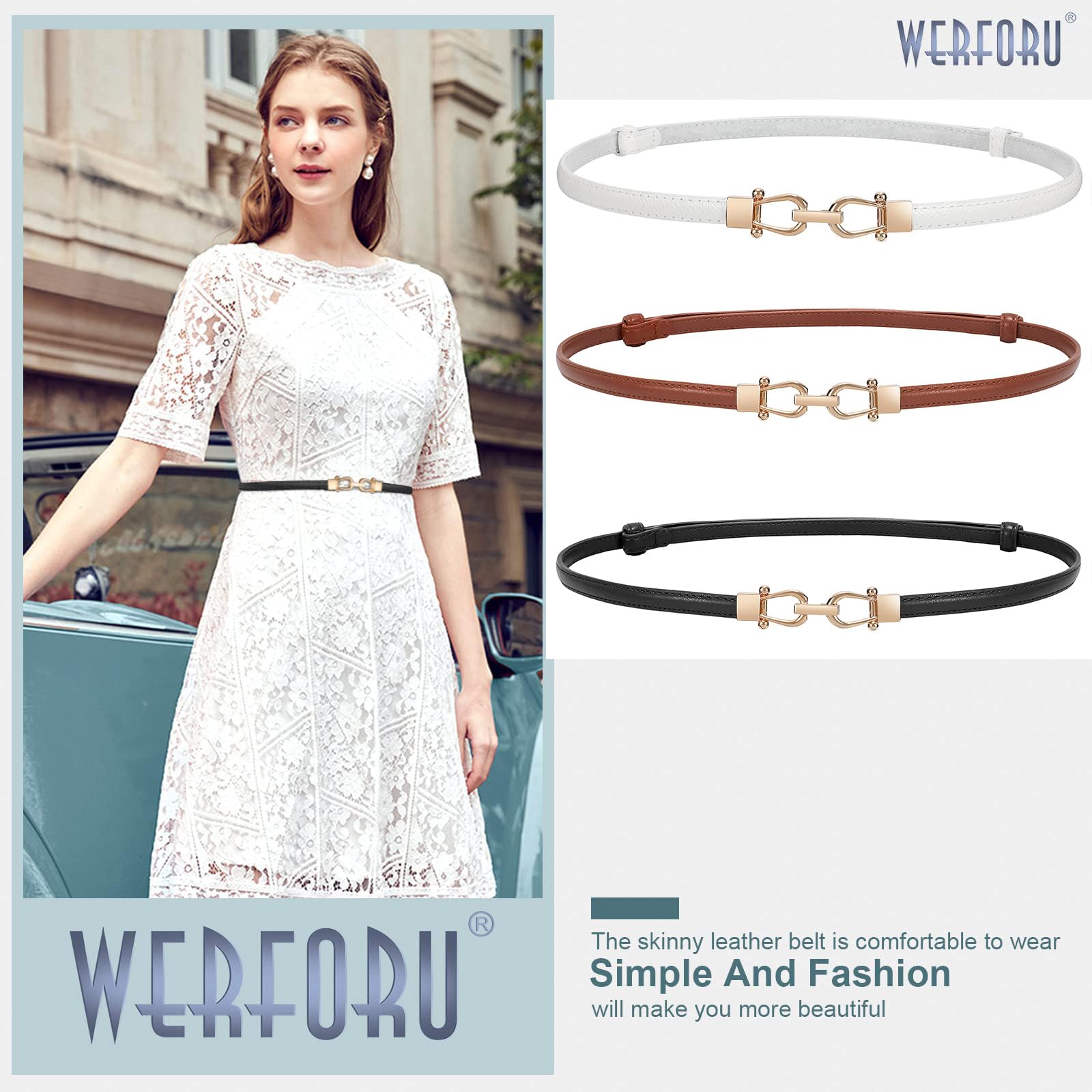 WERFORU Women 3 Pack Skinny Belt for Dress,Thin Waist Belt - Adjustable Leather Belt with Gold Buckle, Fit Waist Size below 37 Inches, White+Brown+Black