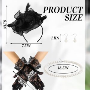 Bonuci 4 Pcs 50s Fascinator Hat for Women Black Funeral Veil Hat Tea Party Headpiece Lace Glove Pearl Necklace Earring(Elegant Style)