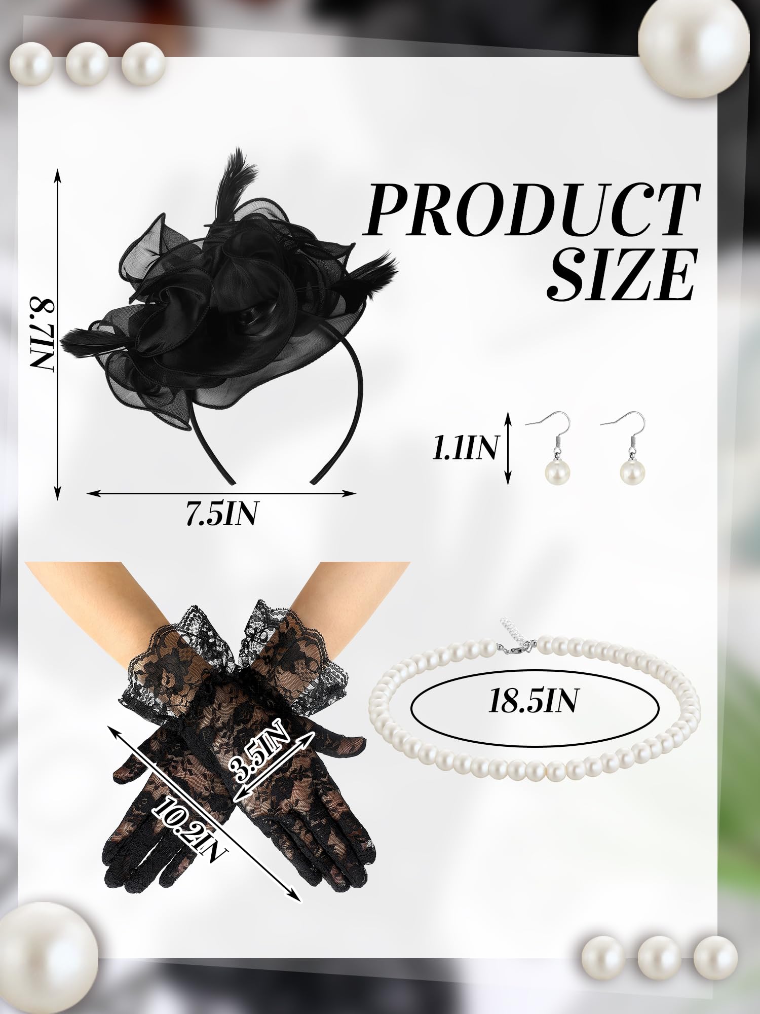 Bonuci 4 Pcs 50s Fascinator Hat for Women Black Funeral Veil Hat Tea Party Headpiece Lace Glove Pearl Necklace Earring(Elegant Style)