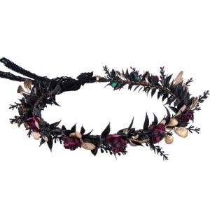 mostory elf black flower crown - fairy headband gothic floral headpiece dark elven tiara for renaissance halloween renfaire costume women cosplay