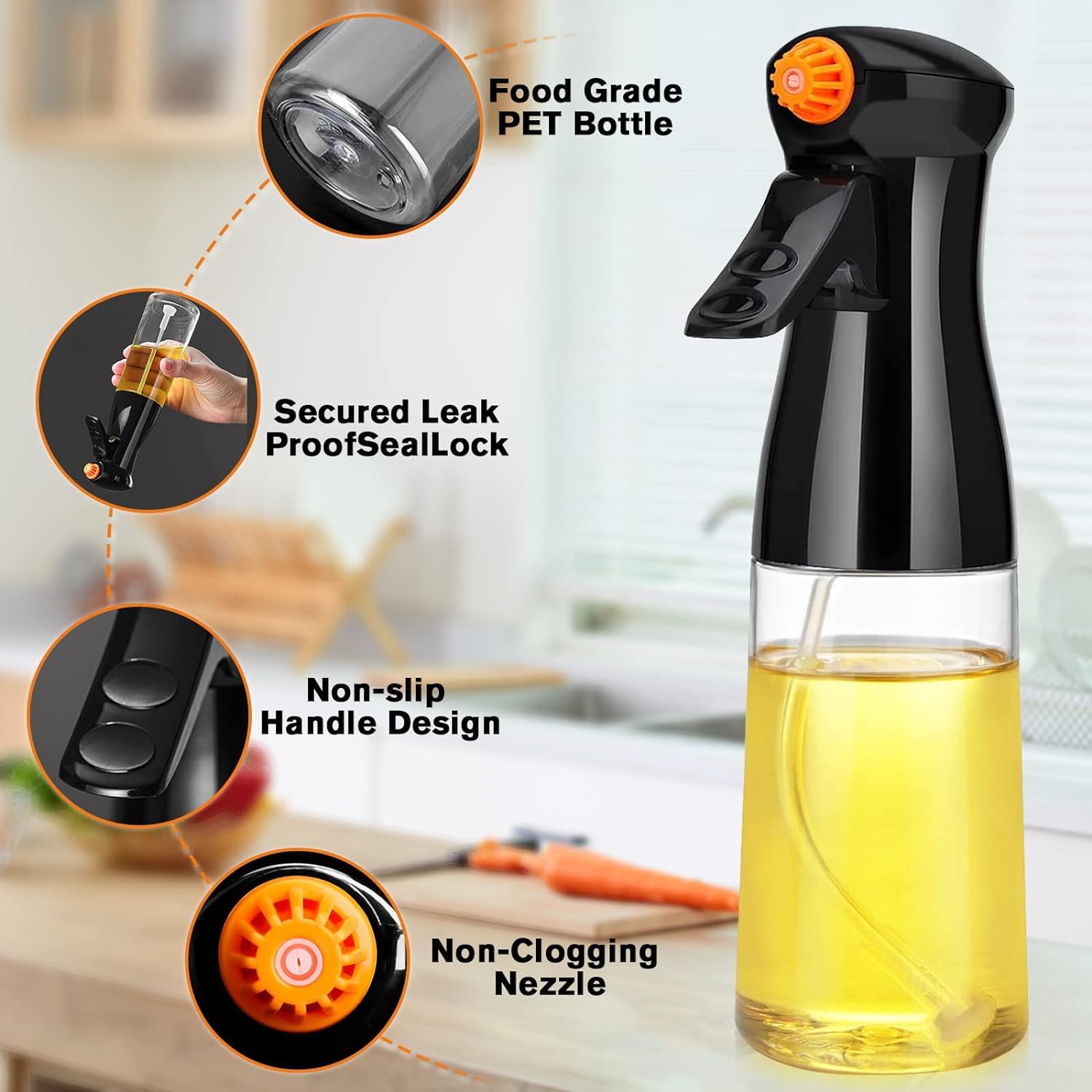 Leaflai Olive Oil Sprayer, 200ml Rotatable Nozzle Olive Oil Spray Bottle for Cooking Premium Oil Mister with Brush Oil Spritzer for Air Fryer, BBQ, Salad, Baking,Grilling Kitchen Gadgets