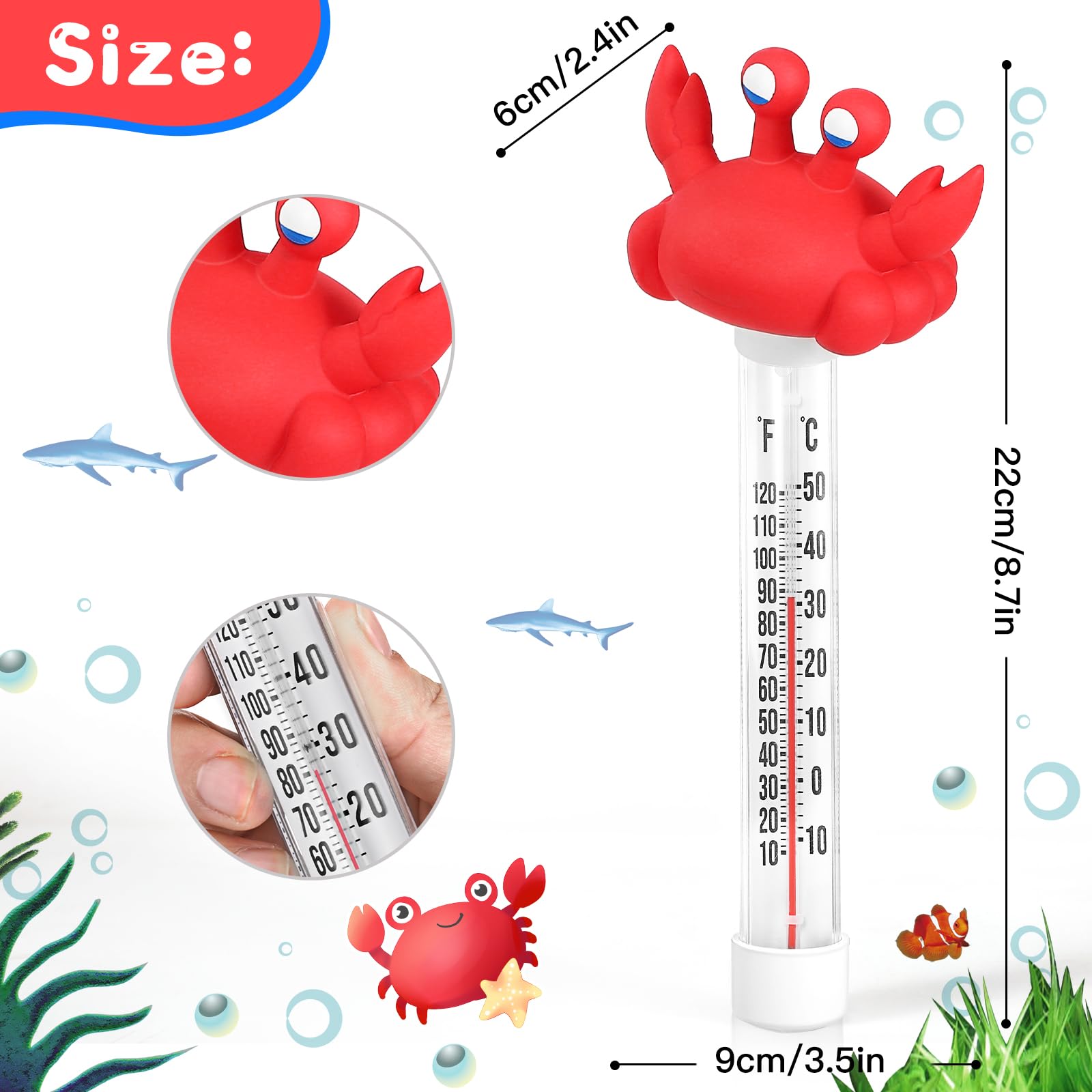 Floating Pool Thermometer, Large Display with String Easy to Read, Shatter Resistant, for Outdoor & Indoor Swimming Pools, Spas, Hot Tubs & Aquariums (Crab)