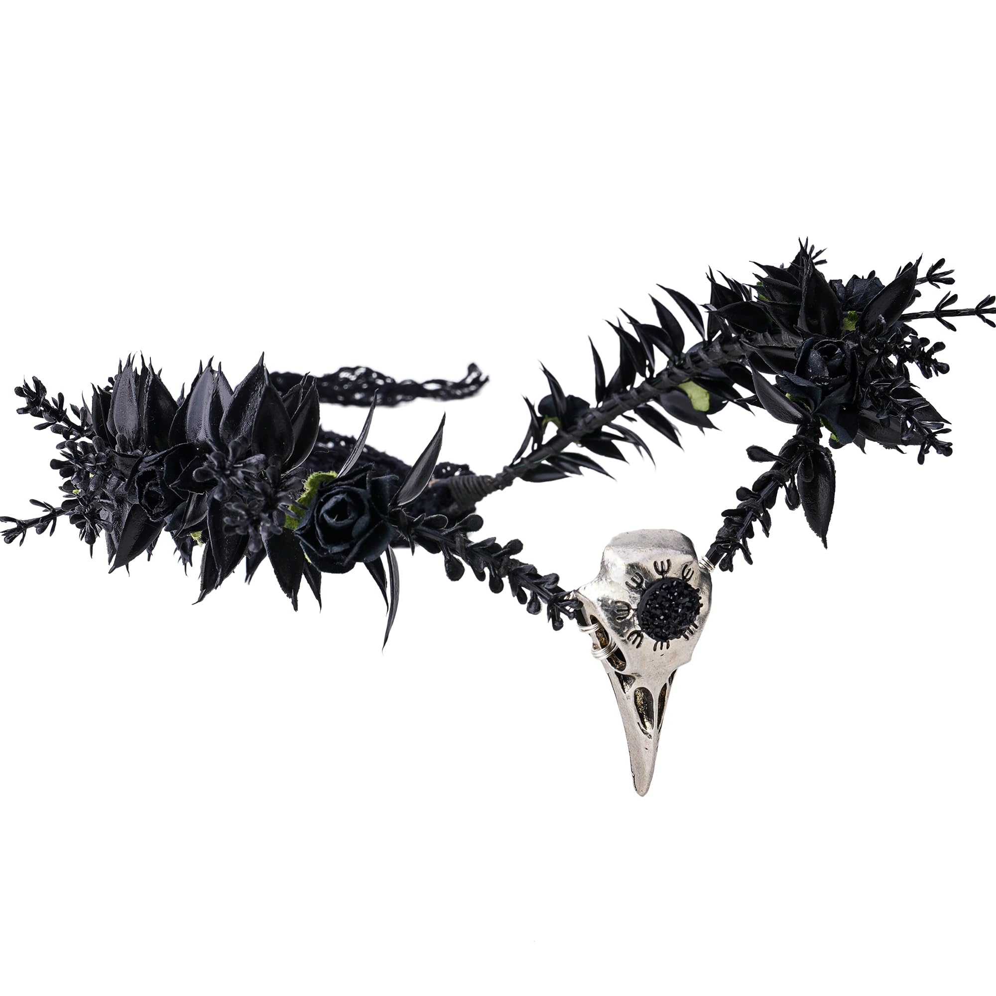 MOSTORY Black Elf Flower Crown - Gothic Raven Skull Headpiece Witch Headband Dark Fairy Circlet for Witch Aesthetic Halloween Cosplay Renaissance Accessory Women Goth Wedding Photo Shoot