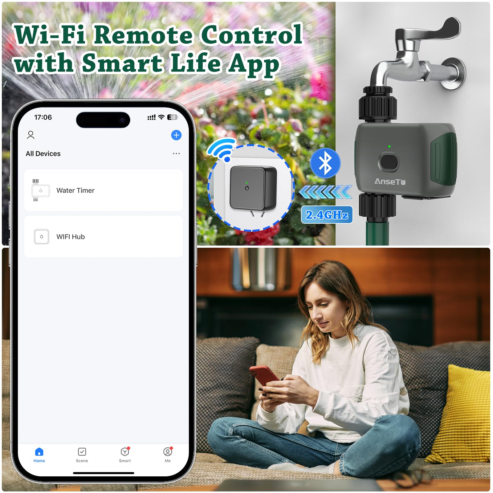 AnseTo WiFi Water Timer for Garden Irrigation System, Hose Timer for Lawn Watering System, Sprinkler Timer Compatible with Alexa and Google Home, with WiFi-Hub Remote Control and 2 Watering Modes