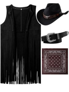 hercicy western outfits for women cowgirl tassel sleeveless vest cowboy hat belt and paisley bandana for halloween dress up (black,xl)