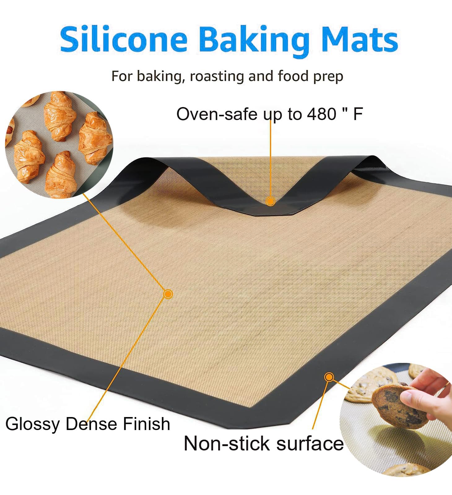 GLBEAR Silicone Baking Mat Sheet 2-Pack,Reusable & Nonstick Bakeware Mats for Cookies, Macarons, Bread and Pastry,Silicone Mats for Baking - Baking Mat For Oven - (16.5" x 11.6")