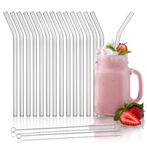 thristo glass straw 16-pack- glass straws shatter resistant 14 bent, 10”x10mm, 2x cleaning brushes- foam wrap secured- ideal for hot coffee & chilled smoothie at home & party