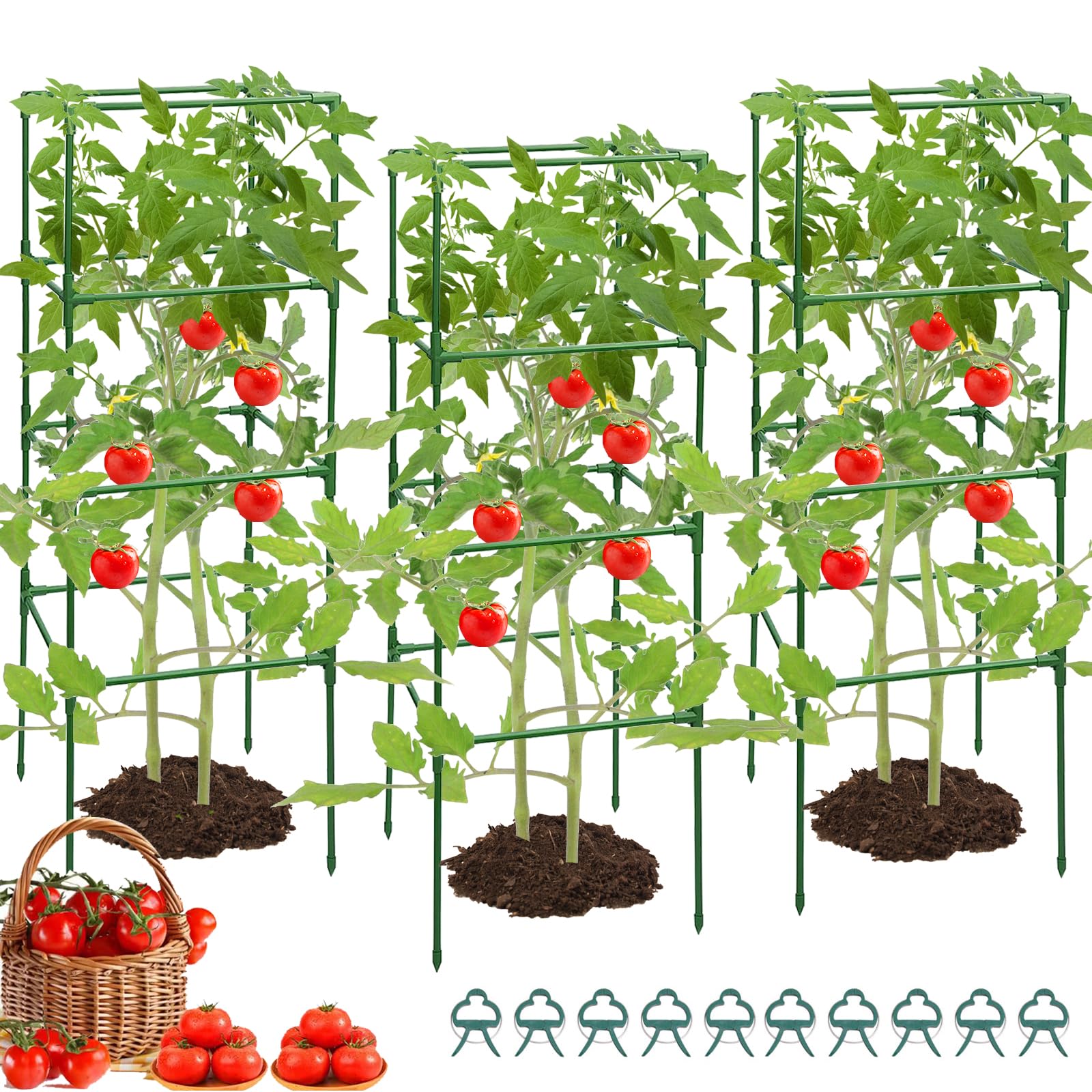 MYMULIKE Tomato Cages for Garden, 3 Pack Square Tomato Cage Heavy Duty, Height-Adjustable Tomato Trellis for Raised Garden Bed, Plants, Flowers Support Stakes- 10 Clips Included