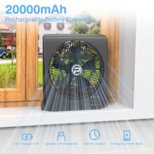 Cmyfato Box Fan, 20000mAh Rechargeable Battery Powered Window fan, 10" Quiet Small Box Fan for Window, 4 Speeds Square Fan for Bedroom Kitchen Office, 210° Pivoting Table Fan with Remote for Desk