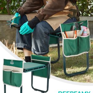 DEERFAMY Garden Stool 10.2" Width, Garden Kneeler and Seat Load Cap 350 lbs, Heavy Duty Gardening Stool with Extra Kneeling Pad, 2 Tool Pouches, Claw Gloves, Gift for Women Seniors, Green