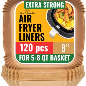 Air Fryer Paper Liners, 120Pcs Air Fryer Disposable Liners, Non-Stick and Oil Proof for Easy Cleanup, 8” Square for 5-8 qt Basket by Baker's Signature