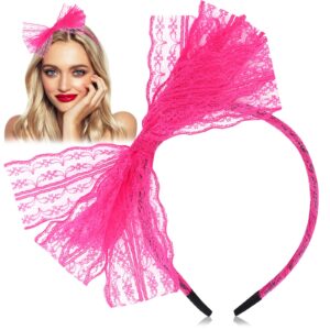 pafuwei neon rose headband, elastic nylon 1980s costume headwear, large lace bow hair accessory for women and girls, good for carnival, christmas party, daily decoration, halloween