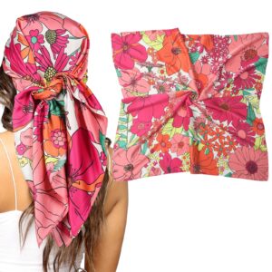 awaytr 35” silk scarf for women large head scarf square hair scarf satin hair bandana printed silk sleeping head wrap (colorful flower(rose red))