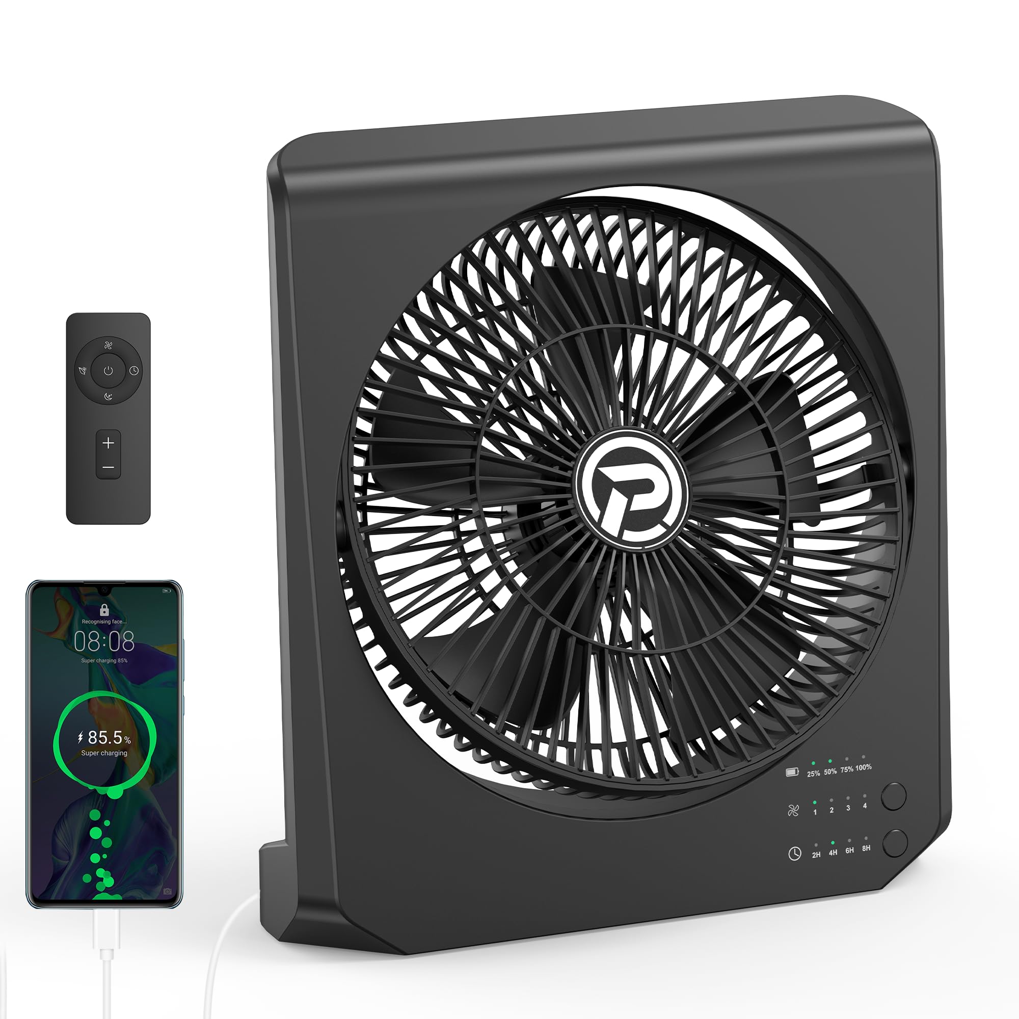 Cmyfato Box Fan, 20000mAh Rechargeable Battery Powered Window fan, 10" Quiet Small Box Fan for Window, 4 Speeds Square Fan for Bedroom Kitchen Office, 210° Pivoting Table Fan with Remote for Desk