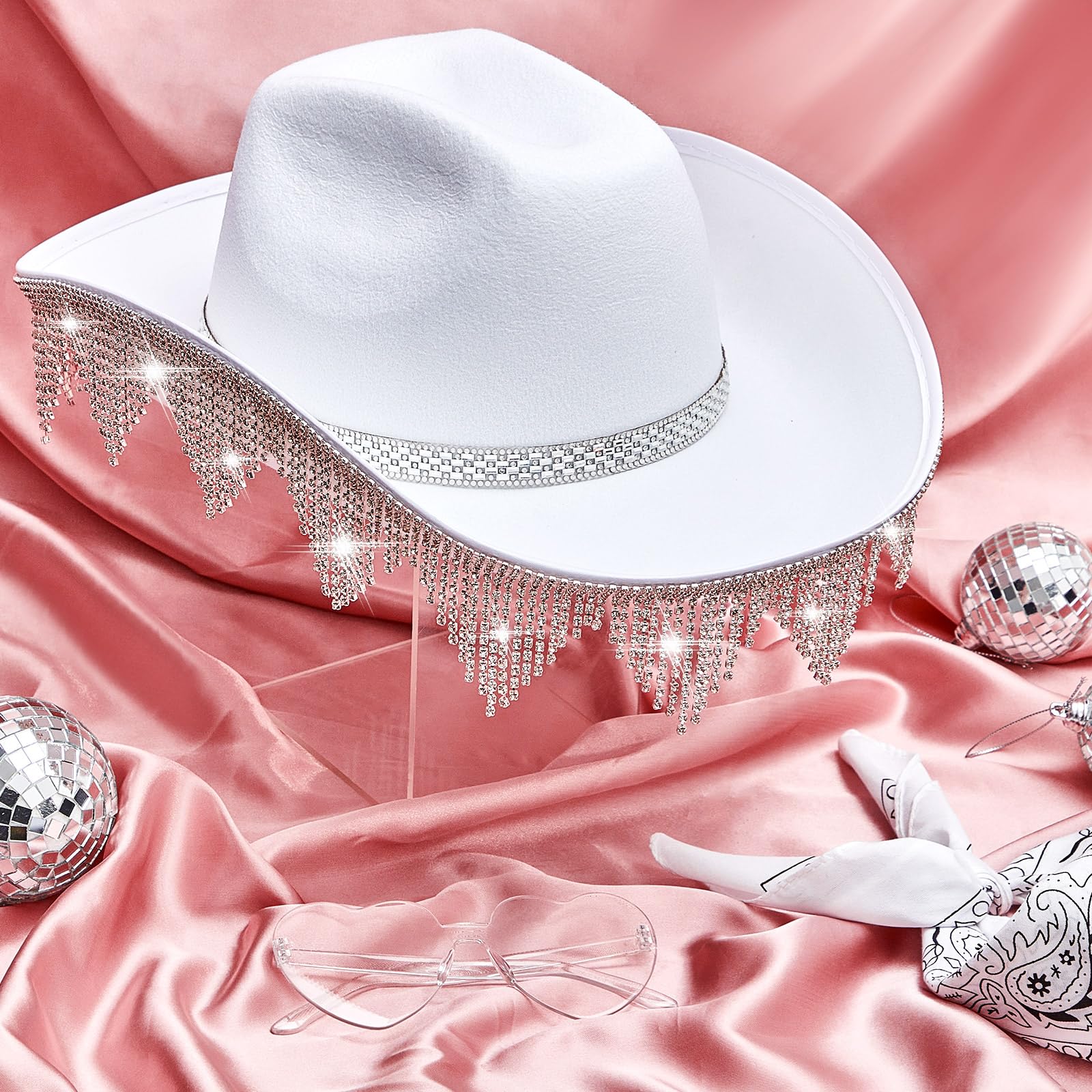 Hercicy Rhinestone Cowboy Hat Glitter Cowboy Hat Sparkly Cowgirl Hat for Concert Birthday Party Beyonce Renaissance(White)