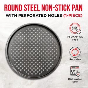 BAKKENMASTER Non-Stick Pizza Pan with Holes - 13-Inch Perforated Pizza Crisper Carbon Steel Pizza Pan - 1 Round Pizza Trays PFOA PFOS and PTFE Free