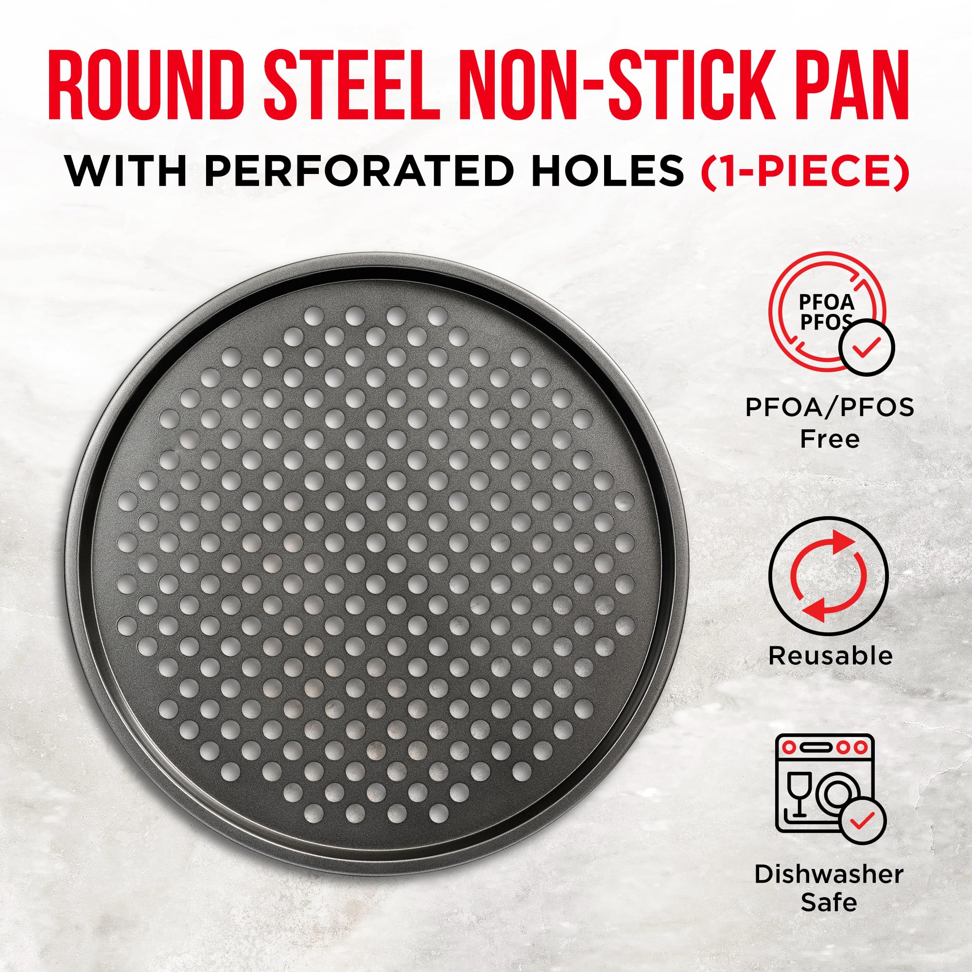 BAKKENMASTER Non-Stick Pizza Pan with Holes - 13-Inch Perforated Pizza Crisper Carbon Steel Pizza Pan - 1 Round Pizza Trays PFOA PFOS and PTFE Free