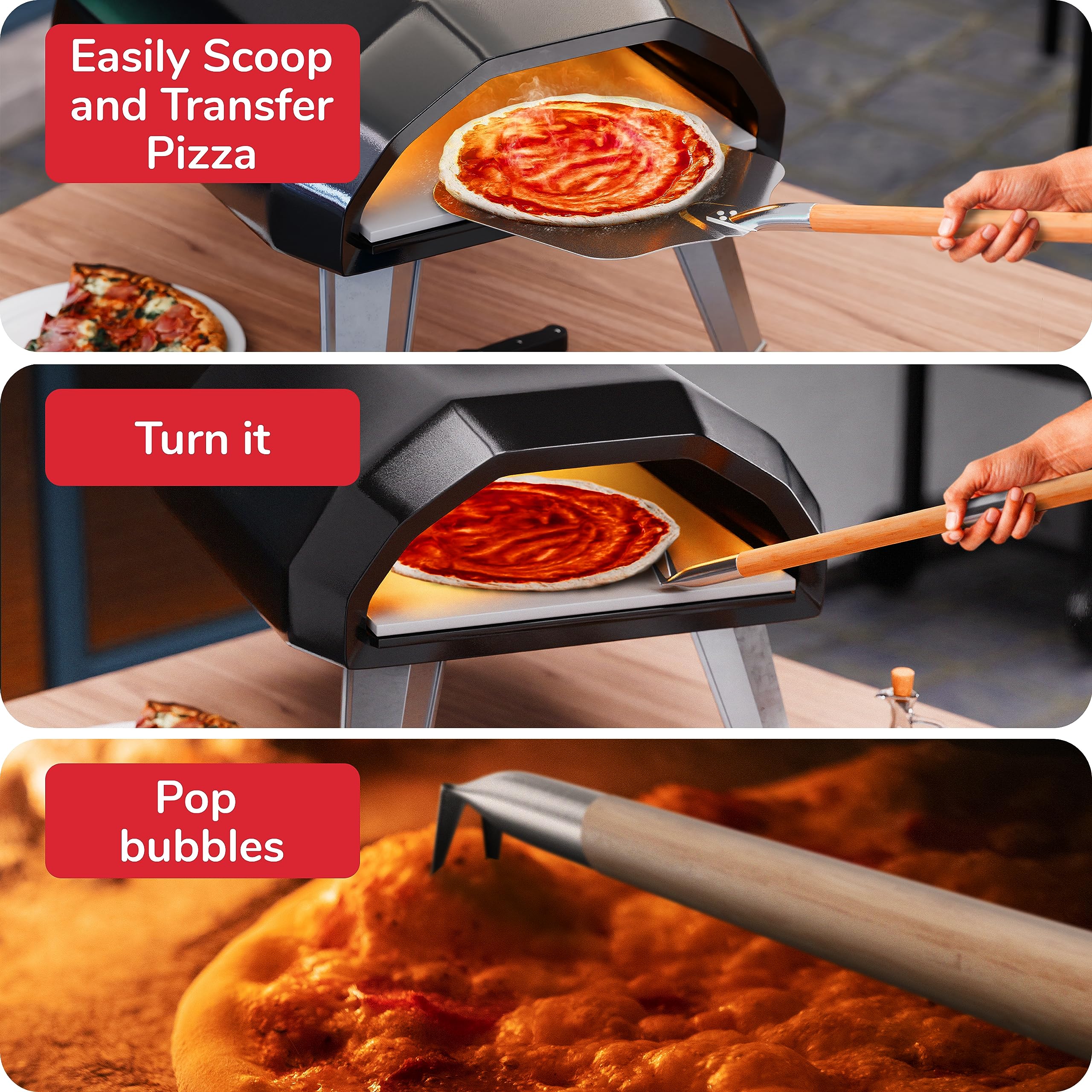 Senwosa Pizza Oven Accessories Kit w/Pizza Peel 12 inch, Pizza Oven Brush & Stone Scraper, Turner/Bubble Popper Bundle - Tools & Supplies Set - Compatible with Outdoor Ooni, Gozney, Ninja, Solo Ovens