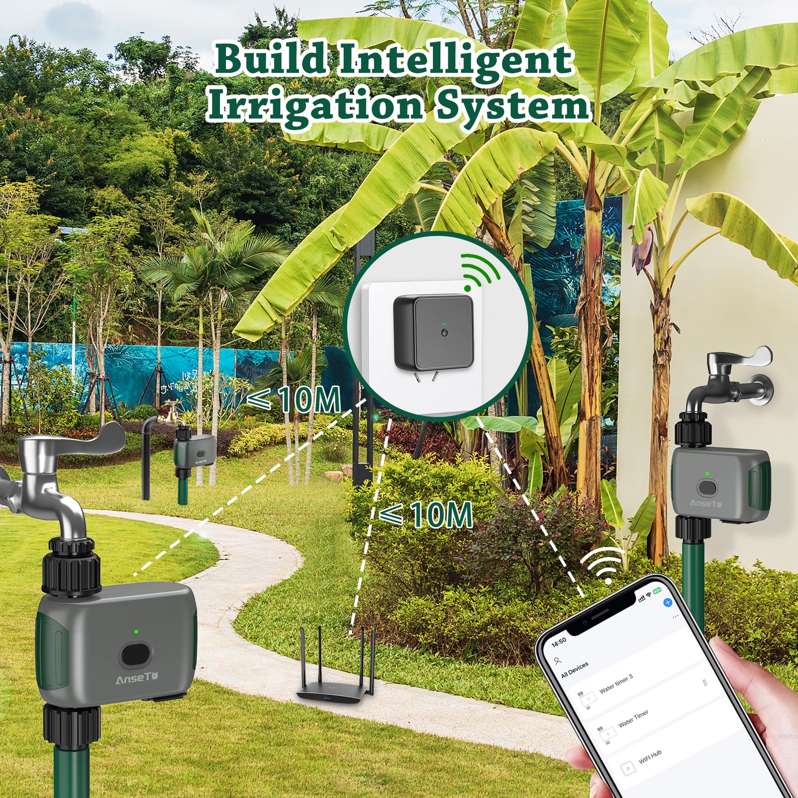 AnseTo WiFi Water Timer for Garden Irrigation System, Hose Timer for Lawn Watering System, Sprinkler Timer Compatible with Alexa and Google Home, with WiFi-Hub Remote Control and 2 Watering Modes