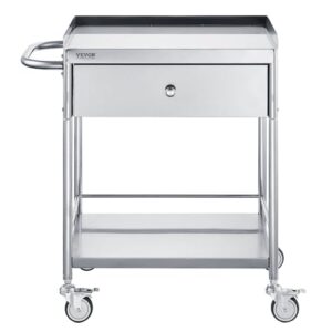 VEVOR Medical Trolley, Dual-Tier Stainless Steel Trolley with a 220 lbs Load Limit, Equipped with Quiet 360° Casters and a Drawer, Ideal for Laboratories, Clinics, Kitchens, and Salons\