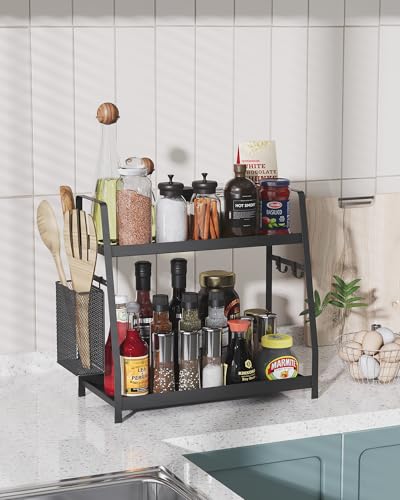 OROPY 2 Tier Spice Rack for Countertop, Height Adjustable Metal Standing Kitchen Storage Organizer Shelf, Counter Shelf for Cabinet,Pantry,Bathroom,Bedroom, with Hanging Basket