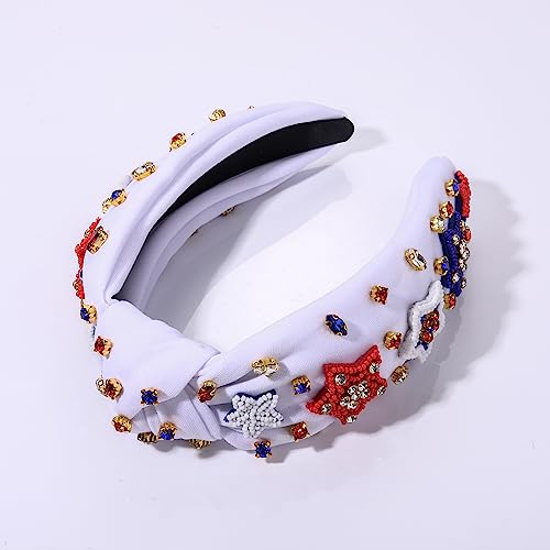 NVENF Headband, Pearl Crystal Rhinestone Knotted Headband, 4th of July Accessories, American Flag Star Headband, Patriotic Outfits for Women, Holiday Gifts