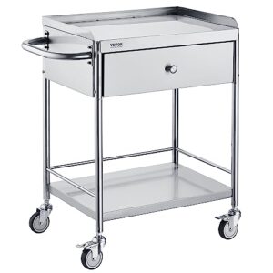 vevor medical trolley, dual-tier stainless steel trolley with a 220 lbs load limit, equipped with quiet 360° casters and a drawer, ideal for laboratories, clinics, kitchens, and salons