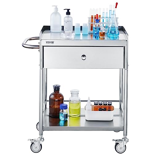 VEVOR Medical Trolley, Dual-Tier Stainless Steel Trolley with a 220 lbs Load Limit, Equipped with Quiet 360° Casters and a Drawer, Ideal for Laboratories, Clinics, Kitchens, and Salons\