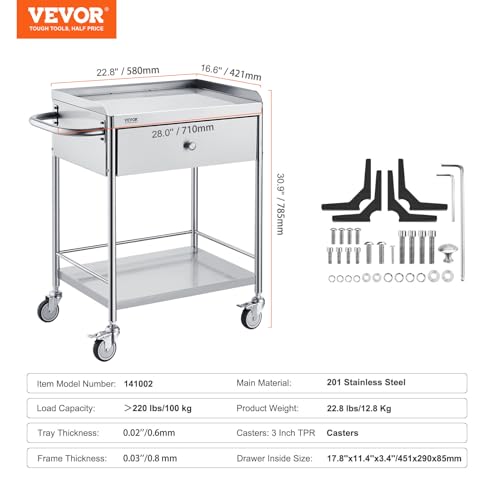 VEVOR Medical Trolley, Dual-Tier Stainless Steel Trolley with a 220 lbs Load Limit, Equipped with Quiet 360° Casters and a Drawer, Ideal for Laboratories, Clinics, Kitchens, and Salons\