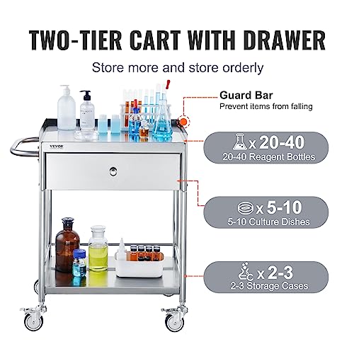 VEVOR Medical Trolley, Dual-Tier Stainless Steel Trolley with a 220 lbs Load Limit, Equipped with Quiet 360° Casters and a Drawer, Ideal for Laboratories, Clinics, Kitchens, and Salons\