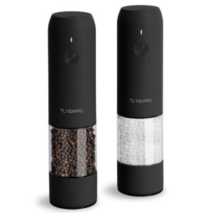 electric salt and pepper grinder set, usb rechargeable, automatic salt and pepper mill grinder with adjustable coarseness, electric salt shakers, led light, refillable (2 packs, black)