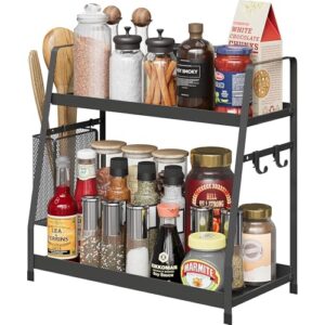 OROPY 2 Tier Spice Rack for Countertop, Height Adjustable Metal Standing Kitchen Storage Organizer Shelf, Counter Shelf for Cabinet,Pantry,Bathroom,Bedroom, with Hanging Basket