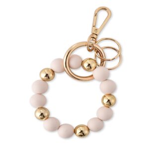 Junyuerly Wristlet Keychain Silicone Beaded Key Ring Bracelet for Women Elastic Bangle Key Chain Holder (Gold bead + white bead)