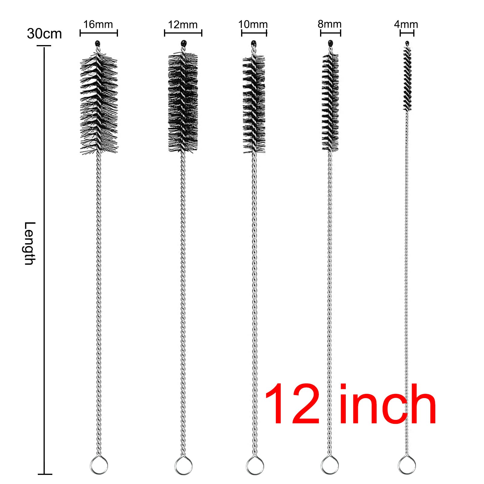 Straw Cleaner Brush Extra Long 12 inch, 10 PCS Straw Cleaner Brush Bristles Diameter (4+8+10+12+16mm) for Cleaning Straws, Pipe, Sippy Cup and Bottle