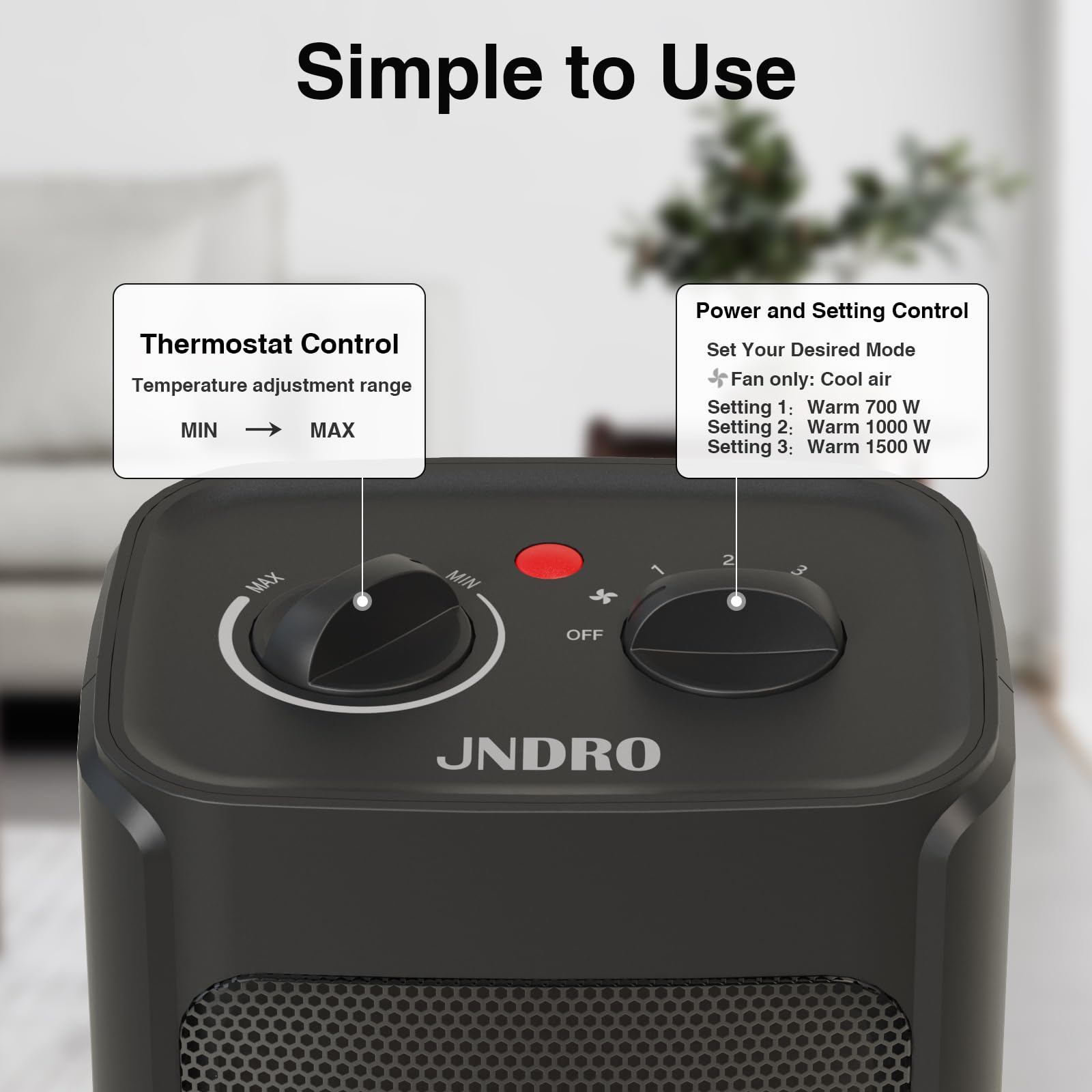 JNDRO Portable Electric Space Heater - 1500W/750W Quiet Ceramic mini Heater Fan with Thermostat, Heat Up 200 Square Feet for Room Office Desk Indoor Use