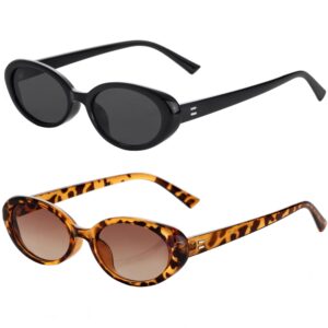 onrtry vintage small oval sunglasses for women men 90s sunglasses narrow eyeglasses uv400 protection 2 pack(black+leopard)