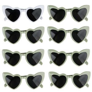 clcnsusilk 8 pairs bachelorette party heart shaped sunglasses party decorations bridesmaid proposal gifts for women girls (8, white&sage green)