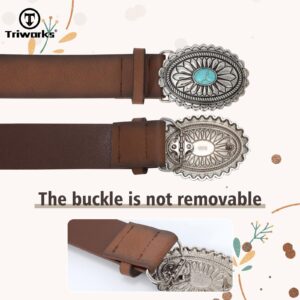 TRIWORKS Women's Western Leather Belt Vintage Medieval Turquoise Buckle Belt Ladies Cowgirl Concho Leather Belt