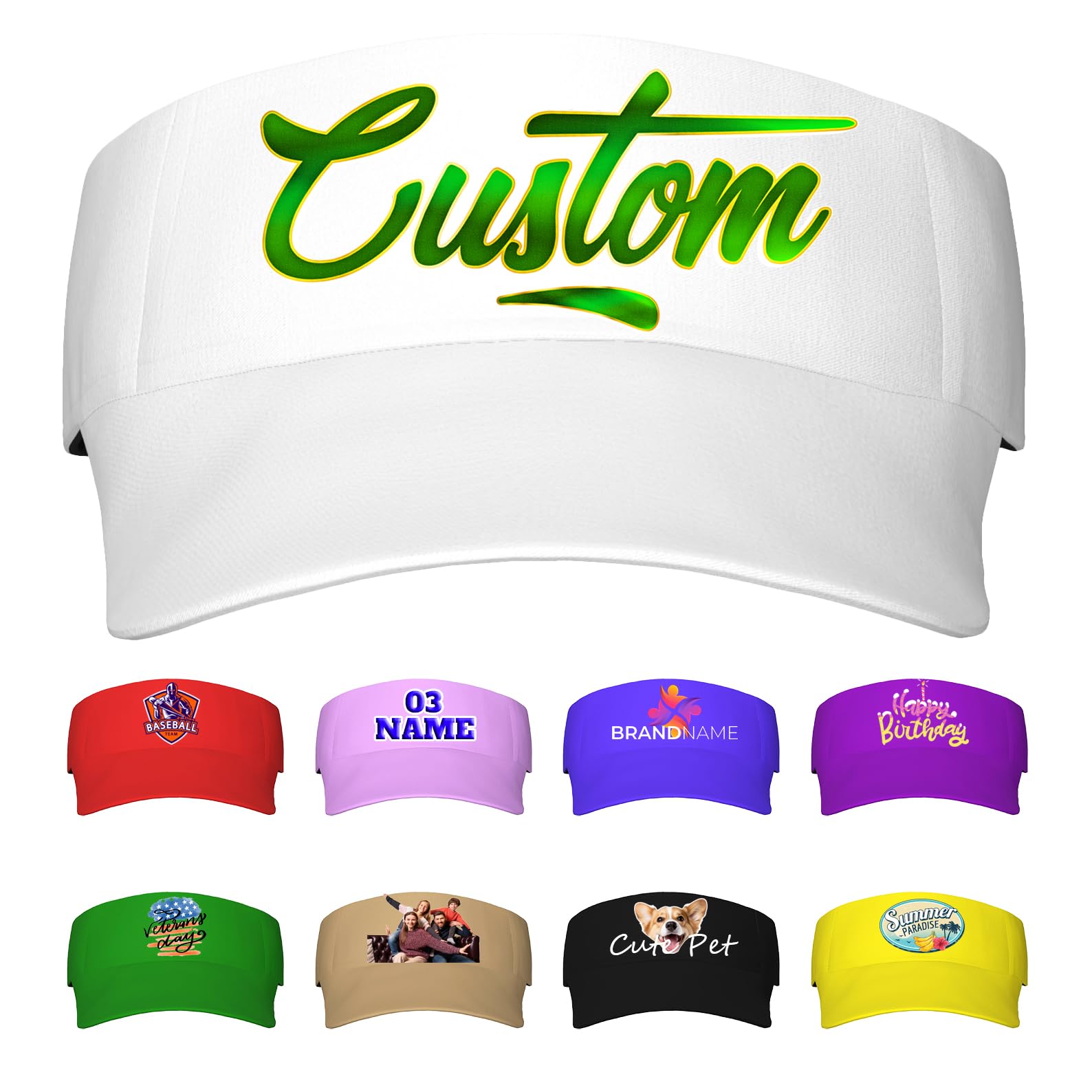 Custom Visor Hat for Men Women Personalized Design Your Own Text Logo Adjustable Sport Baseball Cap (Polyester, White)