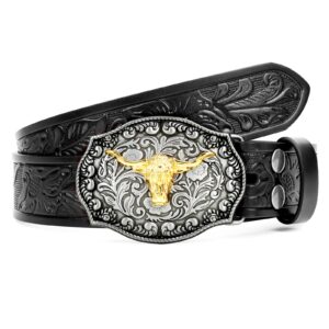 vonmelli western belt cowboy belt for men women, embossed leather men's western waist belt for jeans with longhorn bull buckle black, s