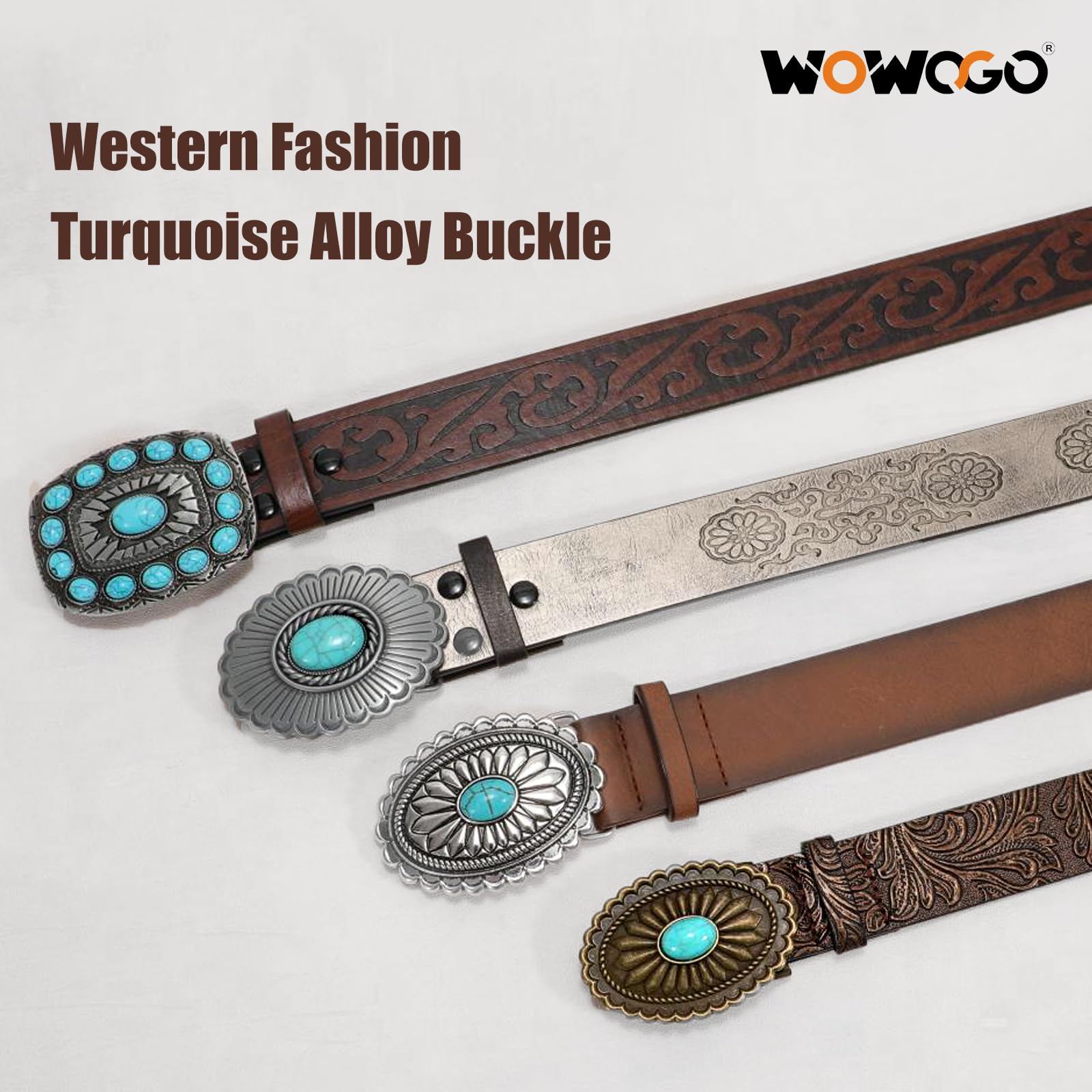 WOWOGO Turquoise Concho Western Leather Belts for Women Cowgirl Cowboy Country Fashion Belt for Jeans Dress