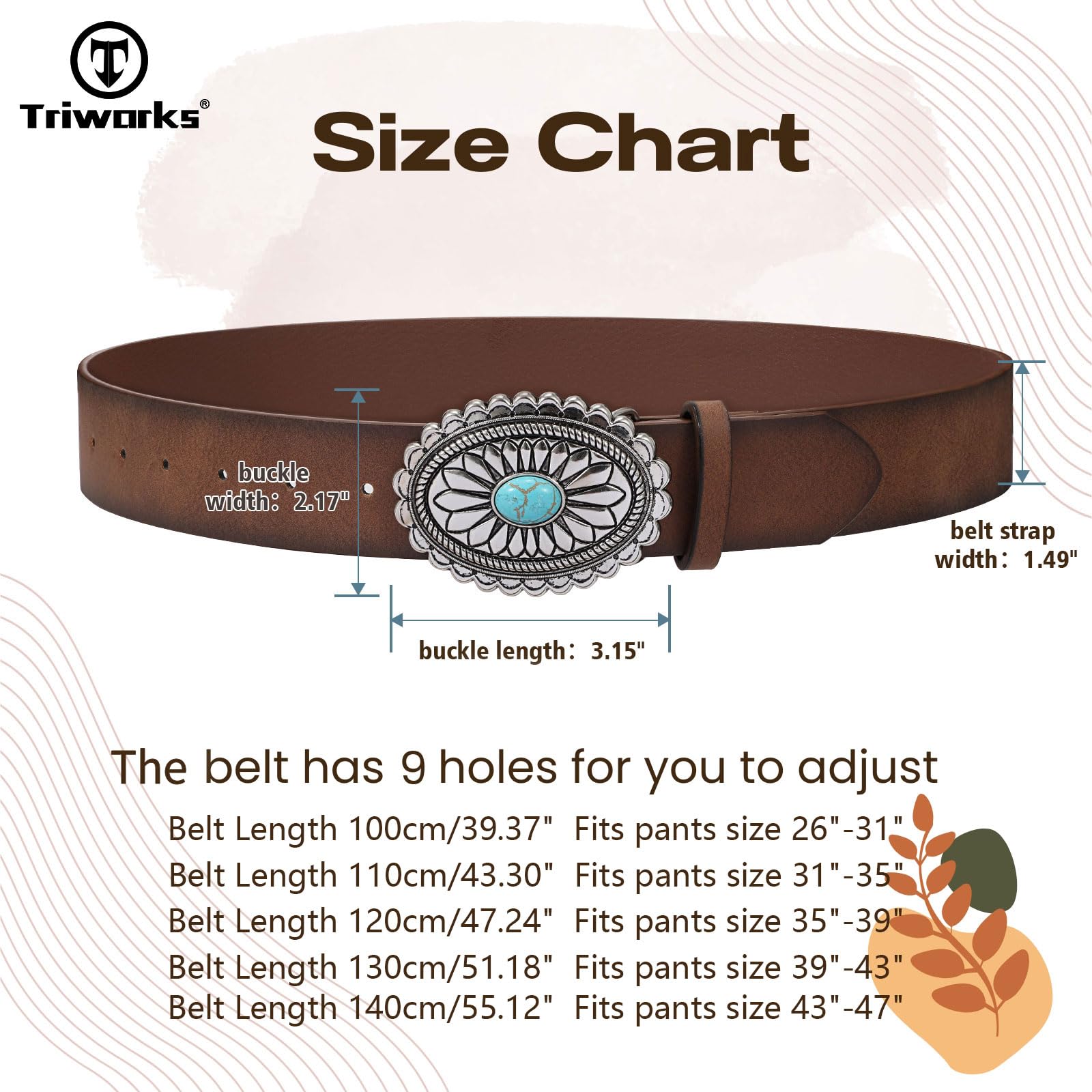 TRIWORKS Women's Western Leather Belt Vintage Medieval Turquoise Buckle Belt Ladies Cowgirl Concho Leather Belt