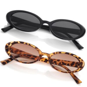 Onrtry Vintage Small Oval Sunglasses for Women Men 90s Sunglasses Narrow Eyeglasses UV400 Protection 2 Pack(Black+Leopard)